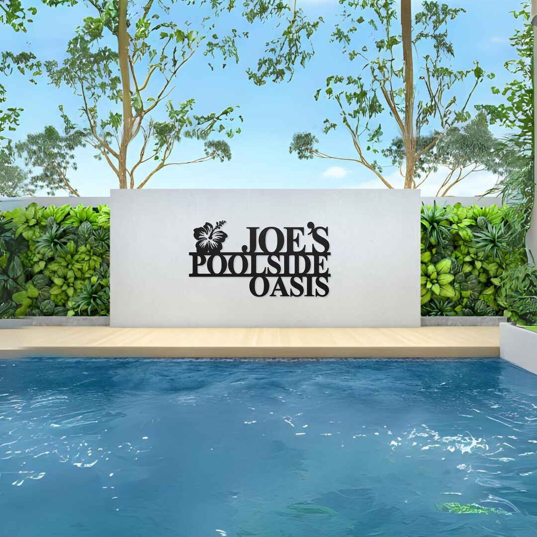 Hibiscus Pool Metal Wall Art, Outdoor Patio Decor, Swimming Pool Sign ...