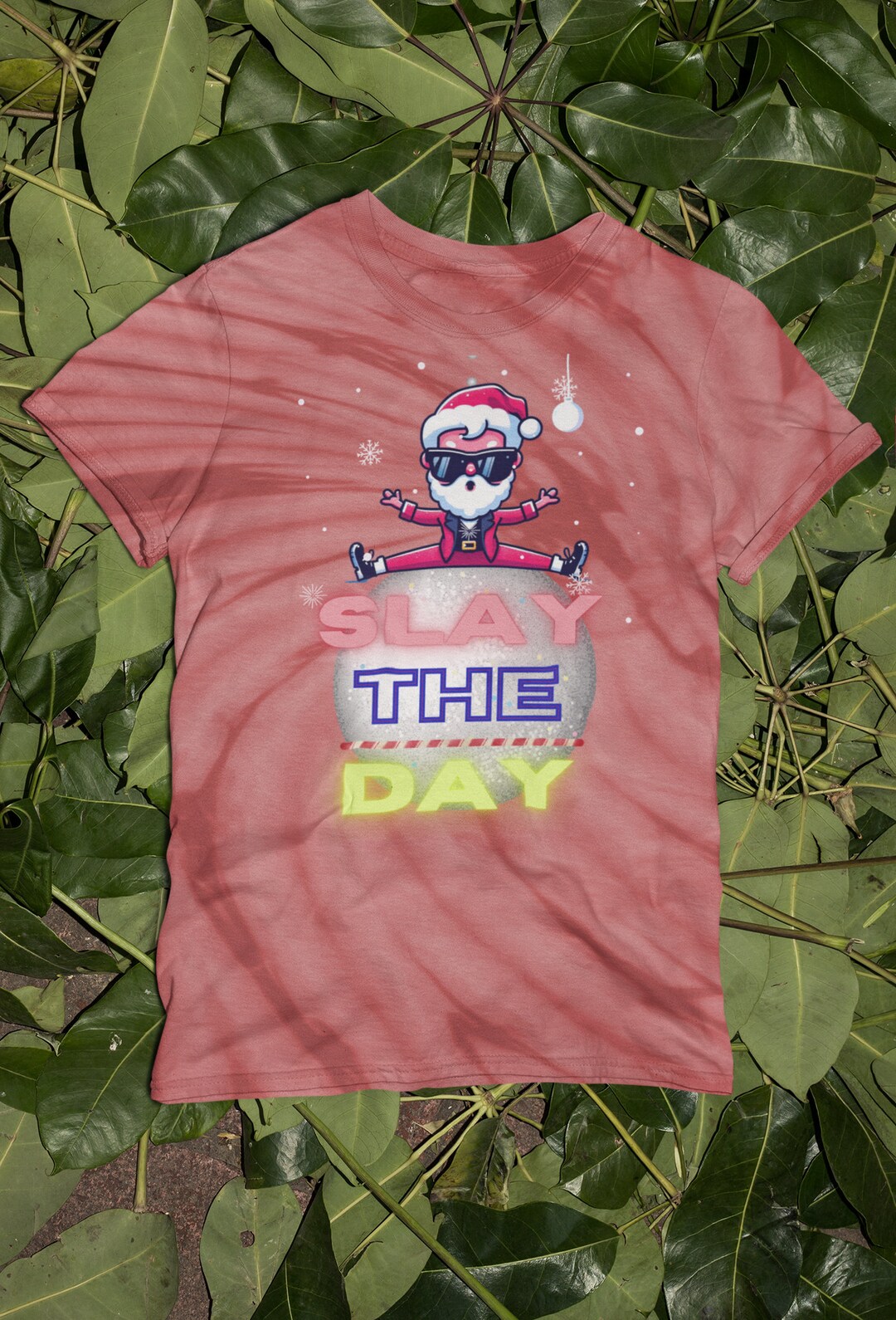 Slay the Day Santa Tee: Festive Split on Ornament Holiday - Etsy