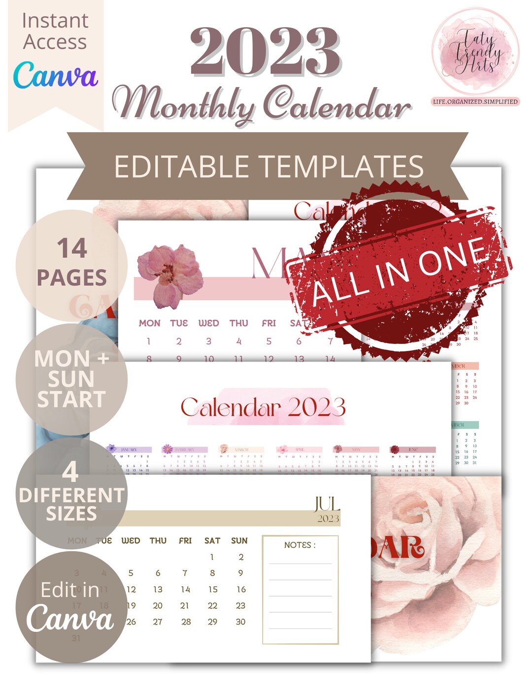 2023 Flower, Canva Calendar Template, Yearly Monthly, Vertical Horizon ...