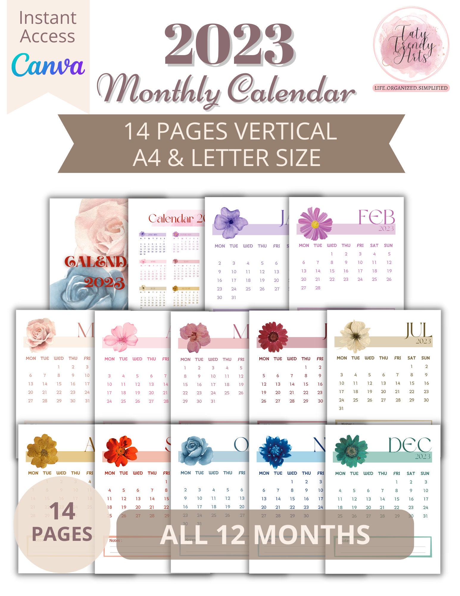 2023 Flower, Canva Calendar Template, Yearly Monthly, Vertical Horizon ...