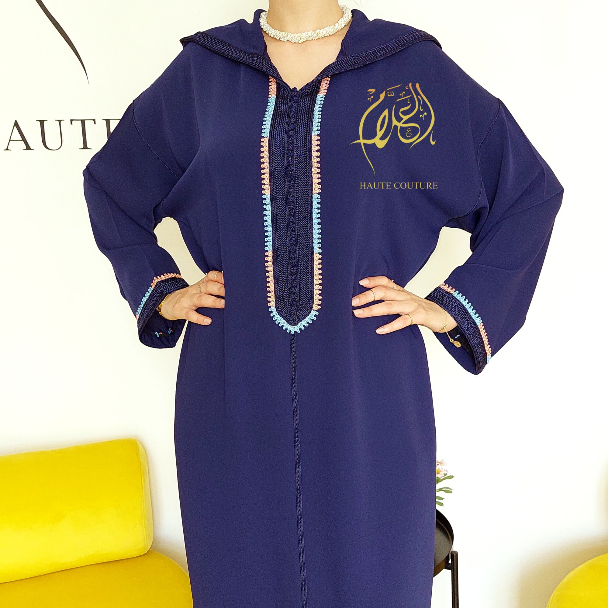 Timeless Navy Blue Handmade Jellaba, Embroidered Moroccan Djellaba ...