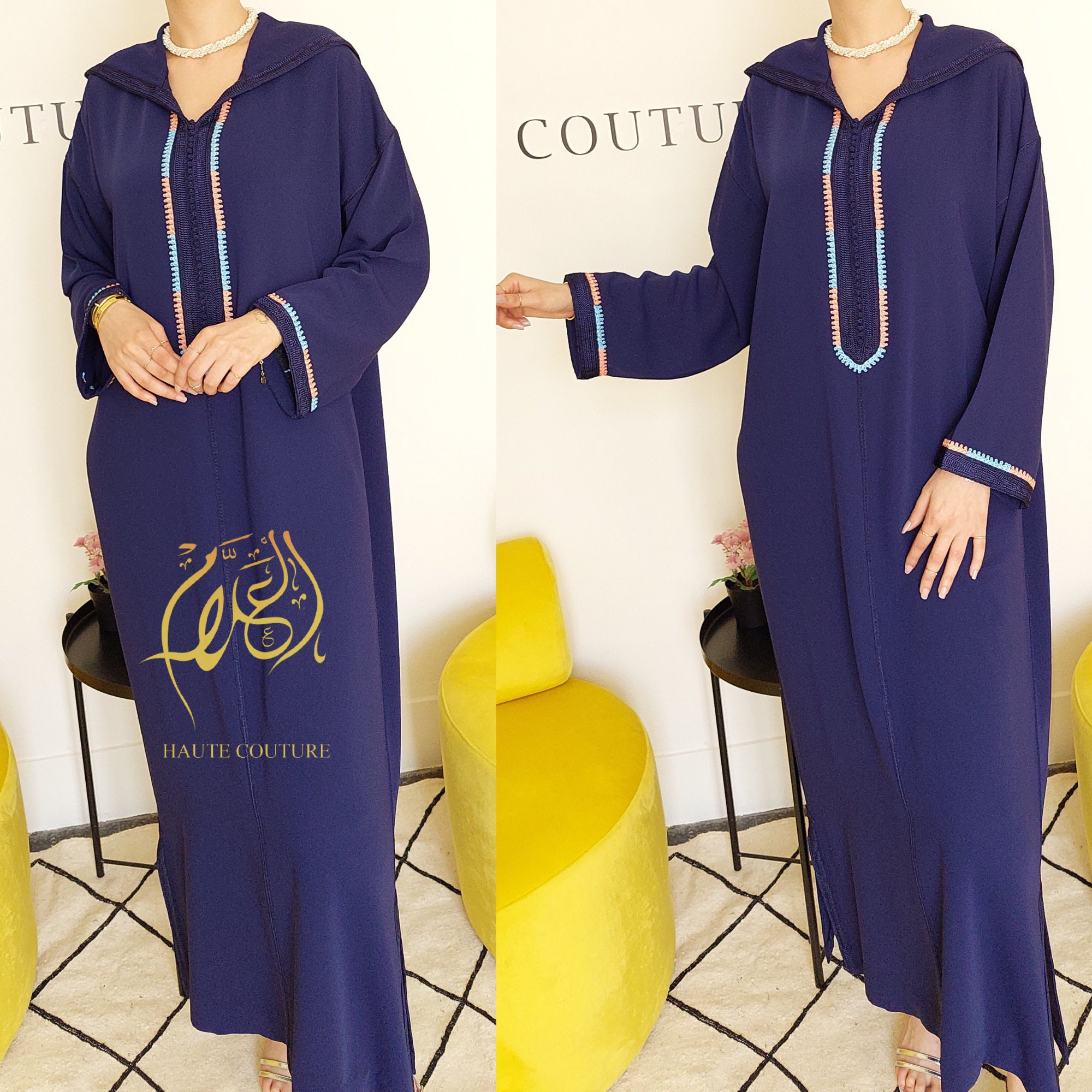Timeless Navy Blue Handmade Jellaba, Embroidered Moroccan Djellaba ...