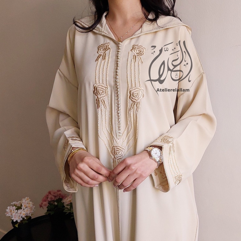 Refined Embroidered Cream Jellaba, Classy Moroccan Jallaba, Summer ...