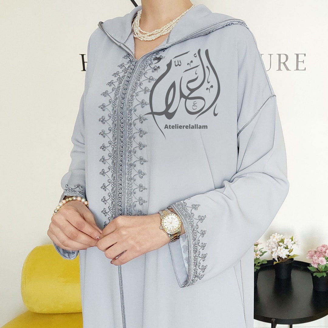 Elegant Gray Jellaba, Womens Traditional Moroccan Jallaba, Embroidered ...