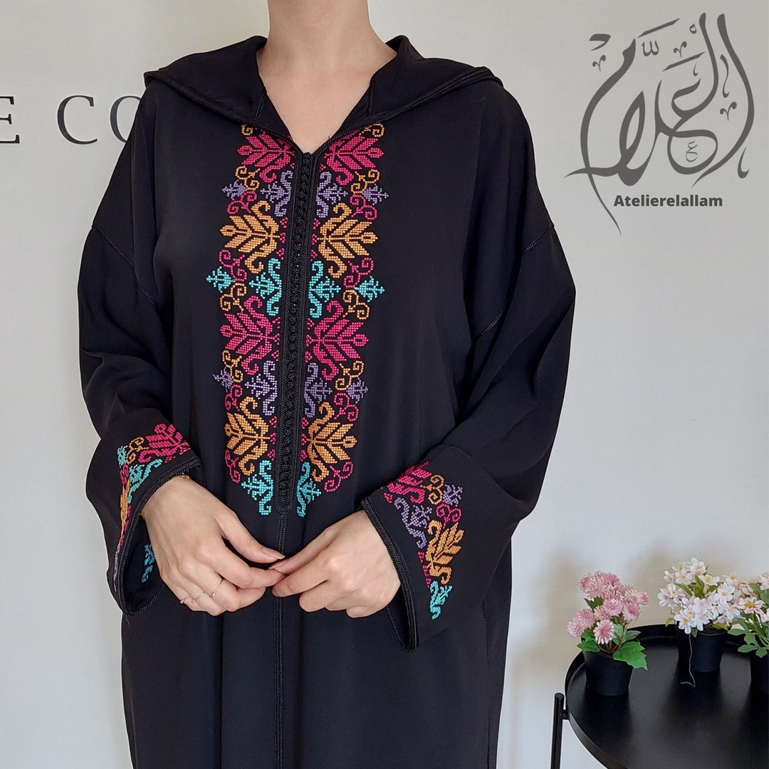 Moroccan Jellaba, Moroccan Cross Stitch Embroidery Jallaba, Black ...