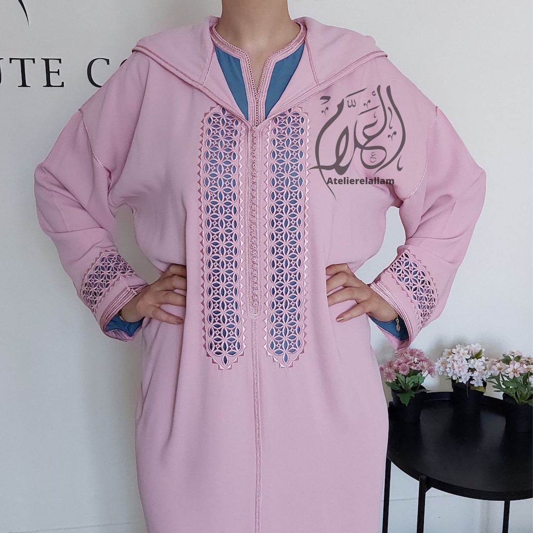 Embroidered Perforated Spring Jellaba, 2 Pieces Pink-blue Jeans Summer ...