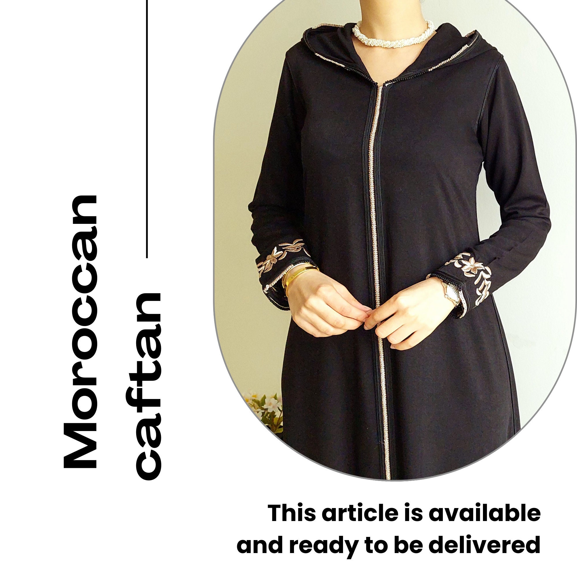 Long Fitted Jellaba, Black Embroidered Djellaba, Moroccan Traditional ...