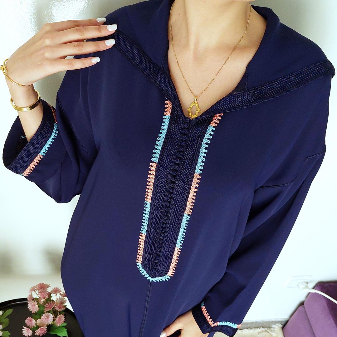 Navy Blue Silk Crepe Jellaba, Embroidered Moroccan Djellaba, Hooded ...