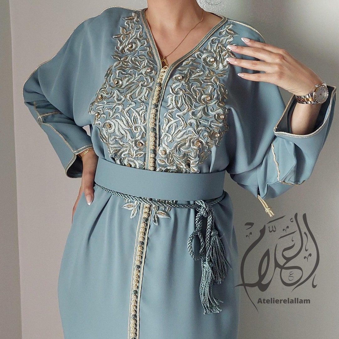 Moroccan Kimono Caftan, Embroidered Unique Kaftan, Gold Blue Nikah ...