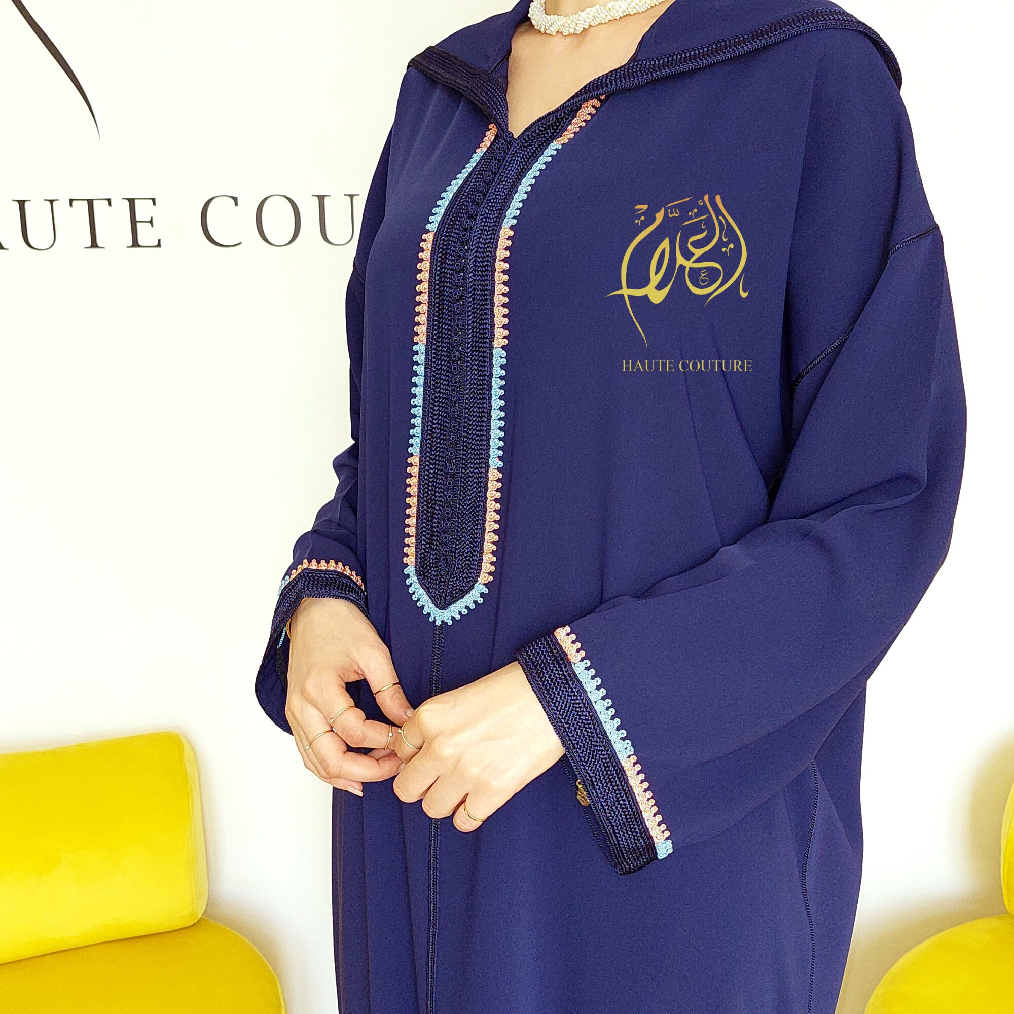 Timeless Navy Blue Handmade Jellaba, Embroidered Moroccan Djellaba ...