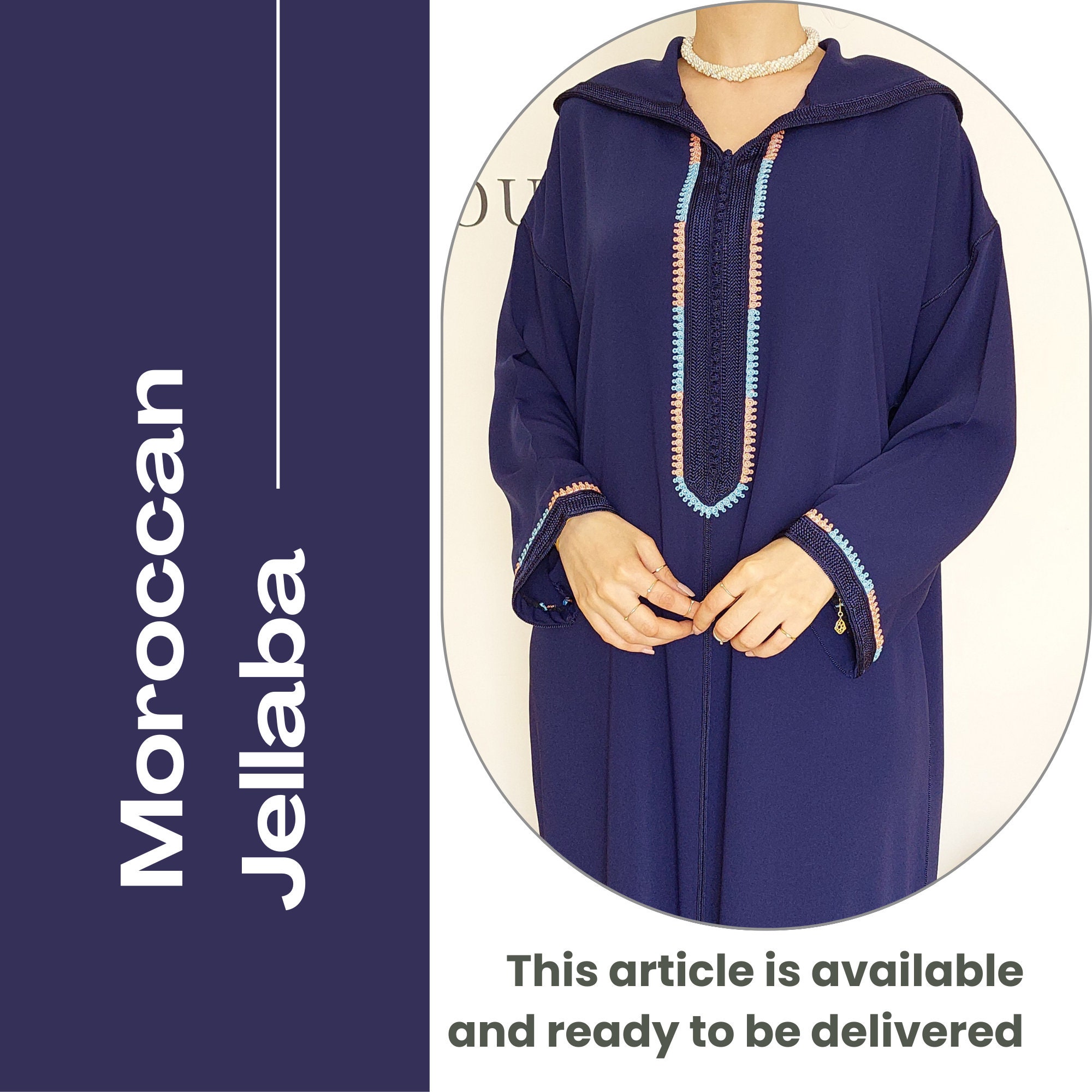 Timeless Navy Blue Handmade Jellaba, Embroidered Moroccan Djellaba ...
