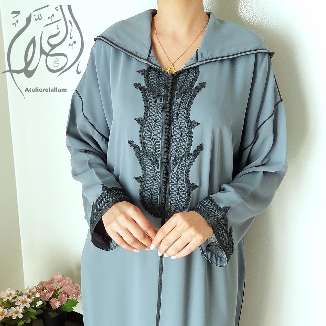 Moroccan Blue-grey Jellaba, Silk Crepe Jallaba, Embroidered Moroccan ...