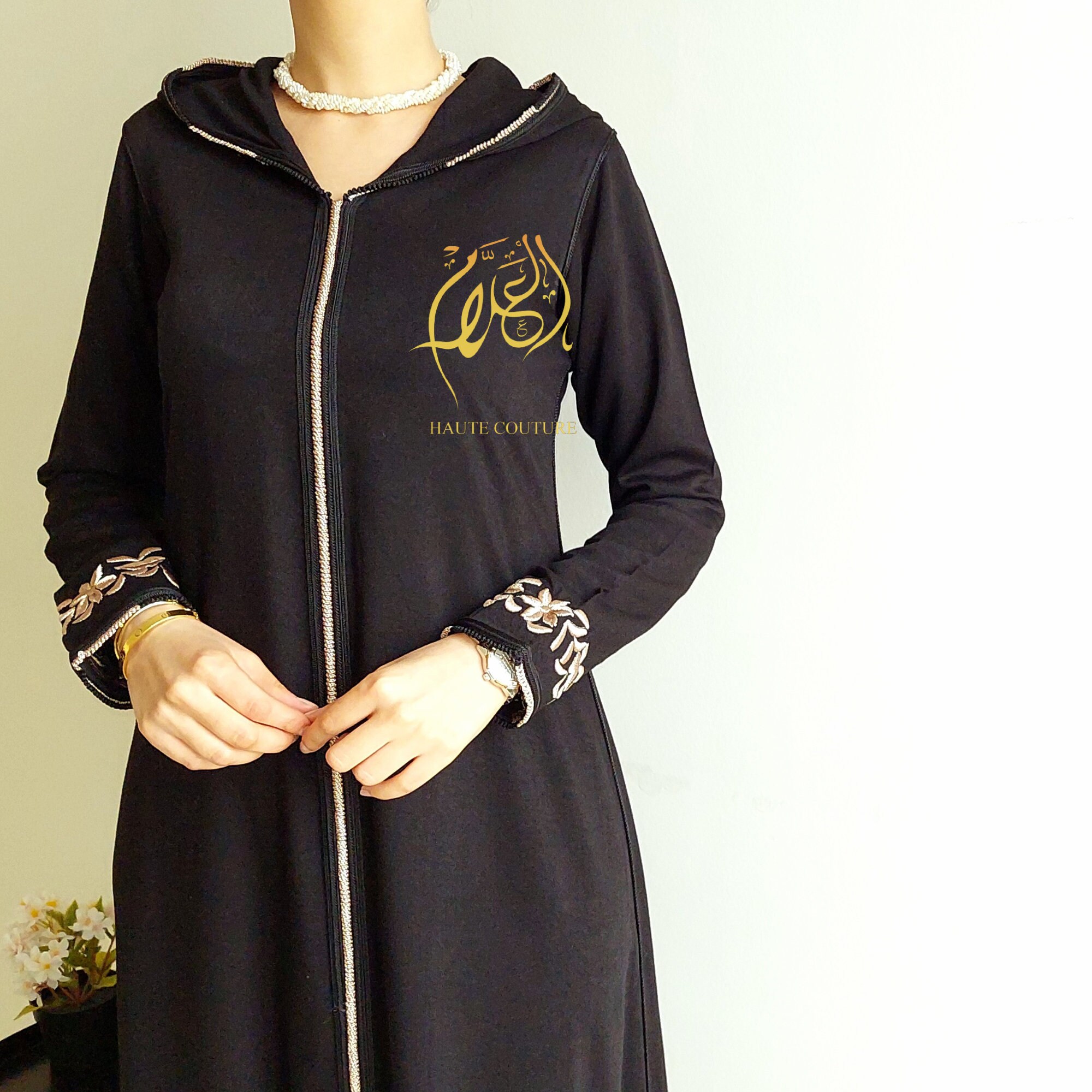 Long Fitted Jellaba, Black Embroidered Djellaba, Moroccan Traditional ...