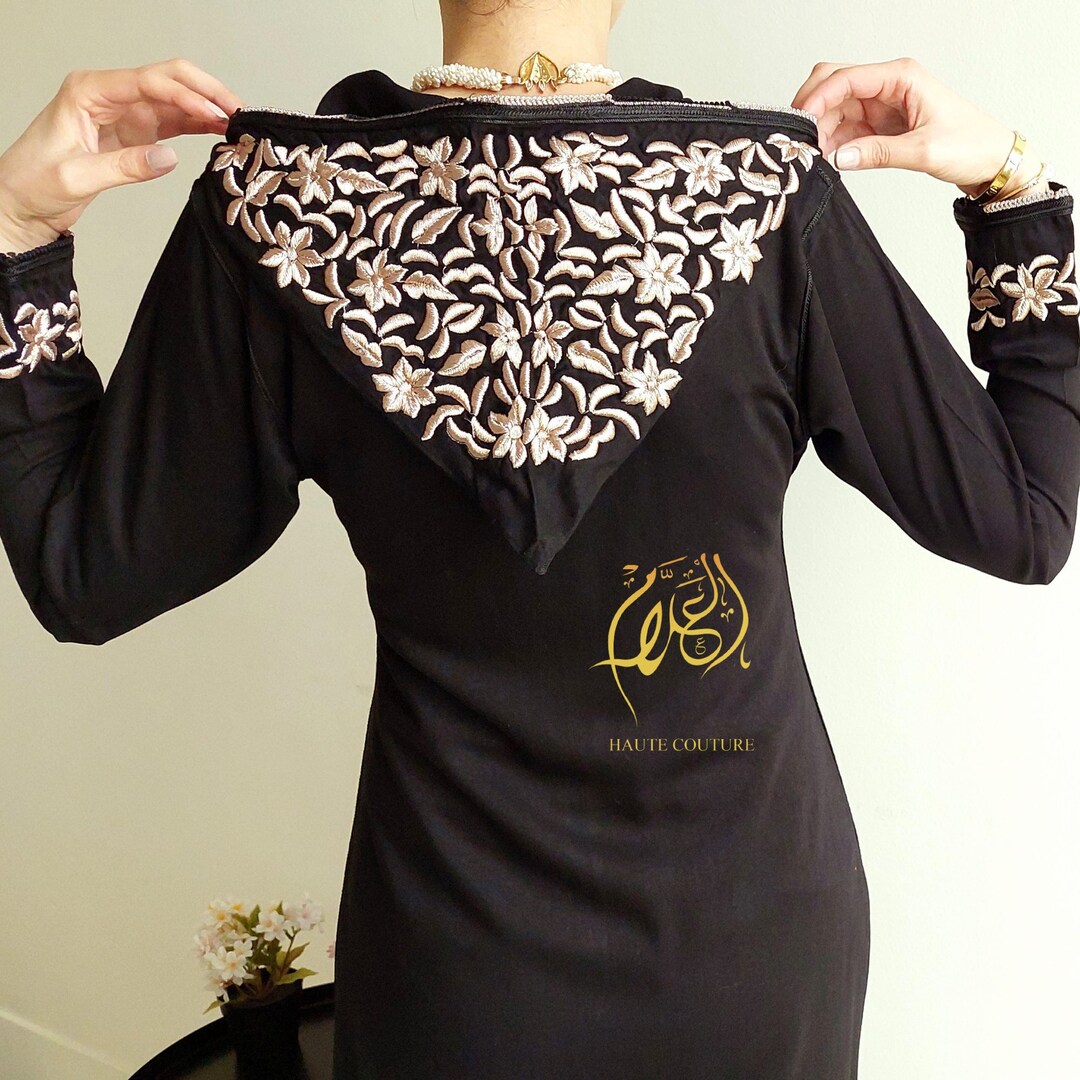Long Fitted Jellaba, Black Embroidered Djellaba, Moroccan Traditional ...