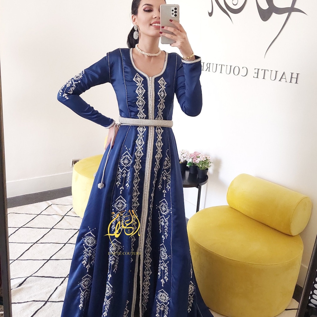 Luxurious Moroccan Bridal Caftan, Embroidered Navy Blue Kaftan, Arabic ...