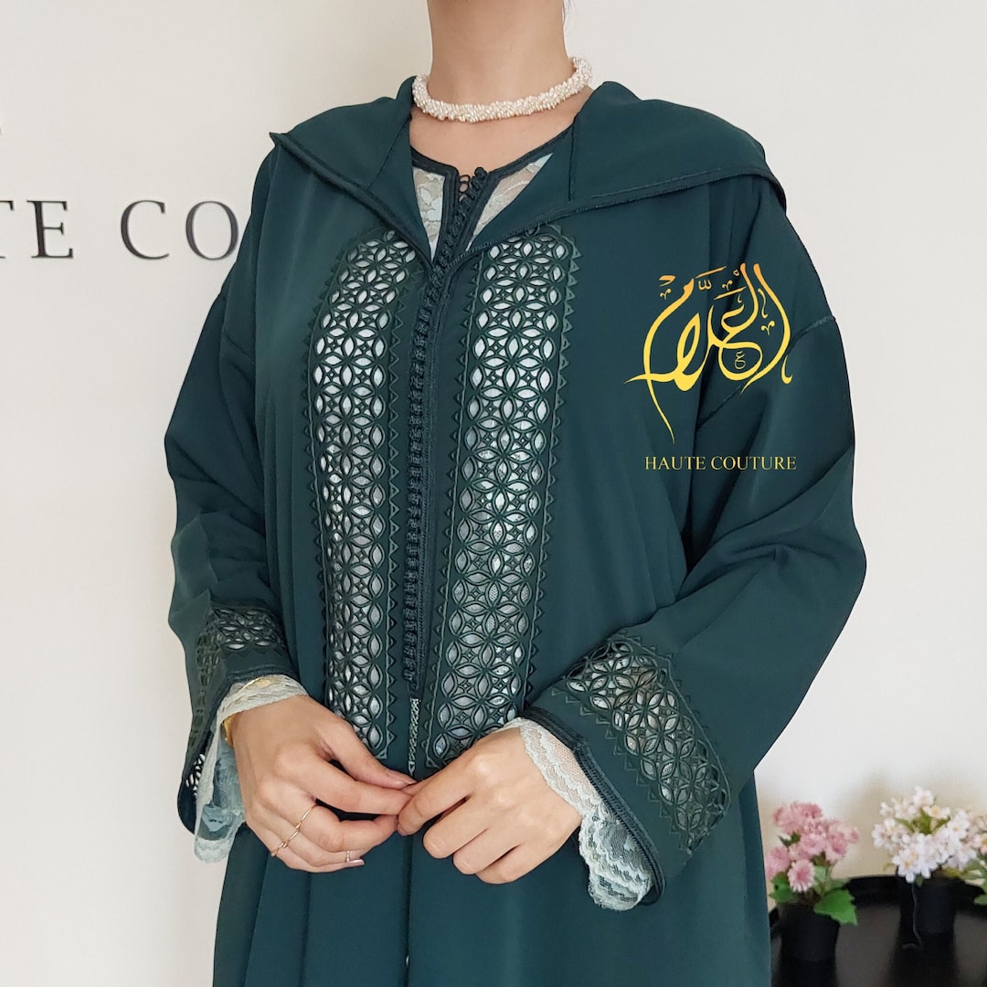 Embroidered Perforated Moroccan Jellaba, 2 Pieces Green Djellaba, Henna ...