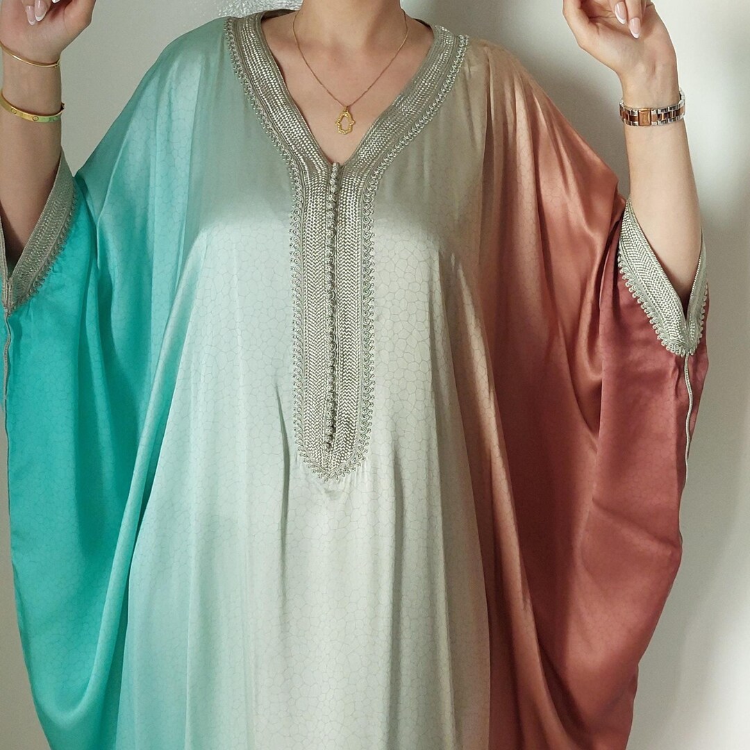100% Silk Gandoura "collection Summer 2025", Embroidered Moroccan ...