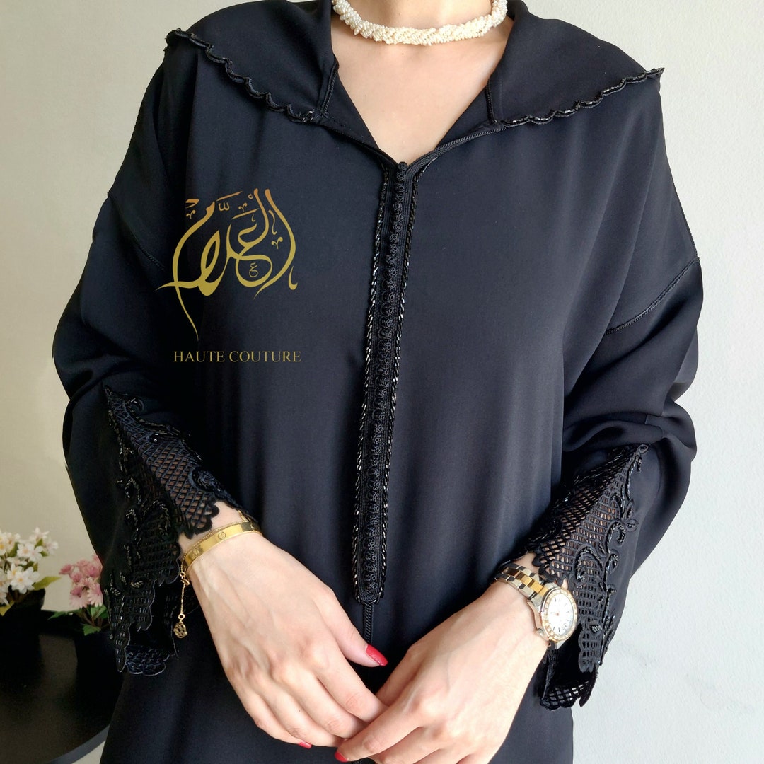 Classy Black Jellaba, Perforated Embroidered Moroccan Dress ...