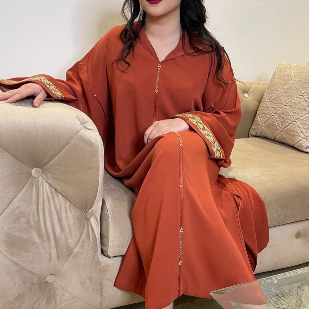 Moroccan Brick Red Summer Jellaba, Embroidered Djellaba, Moroccan Dress ...