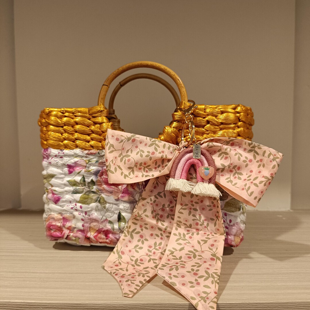 Vintage Floral Straw Tote Bag - Ribbon Wicker Straw Bag - - Beach Bag ...