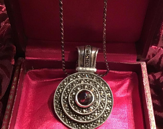 Large Stunning Garnet & Marcasite Sterling Disc Statement Pendant ...
