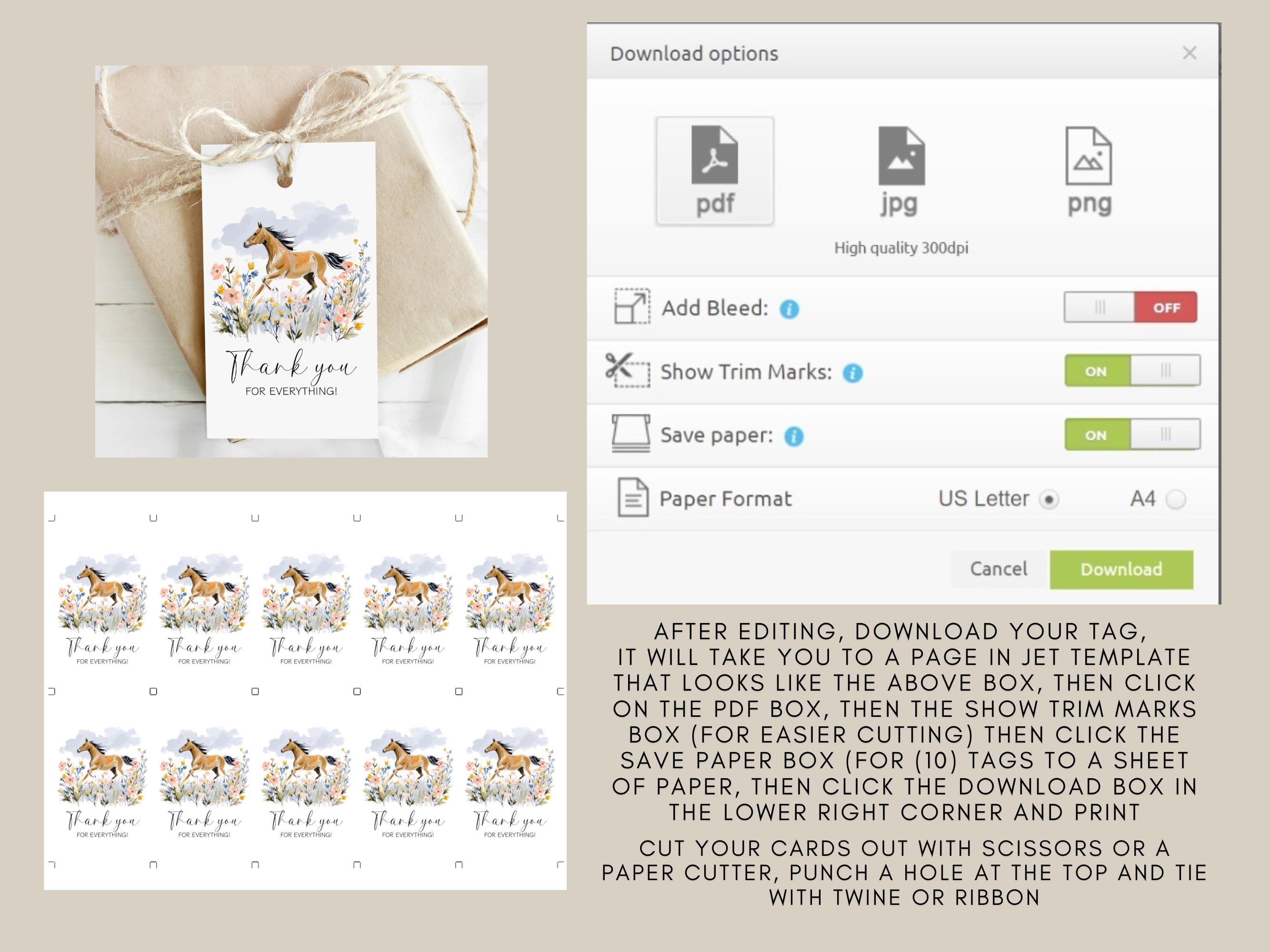 Editable Horse Thank You Tag, Horse Birthday Thank You Tags, Horse ...