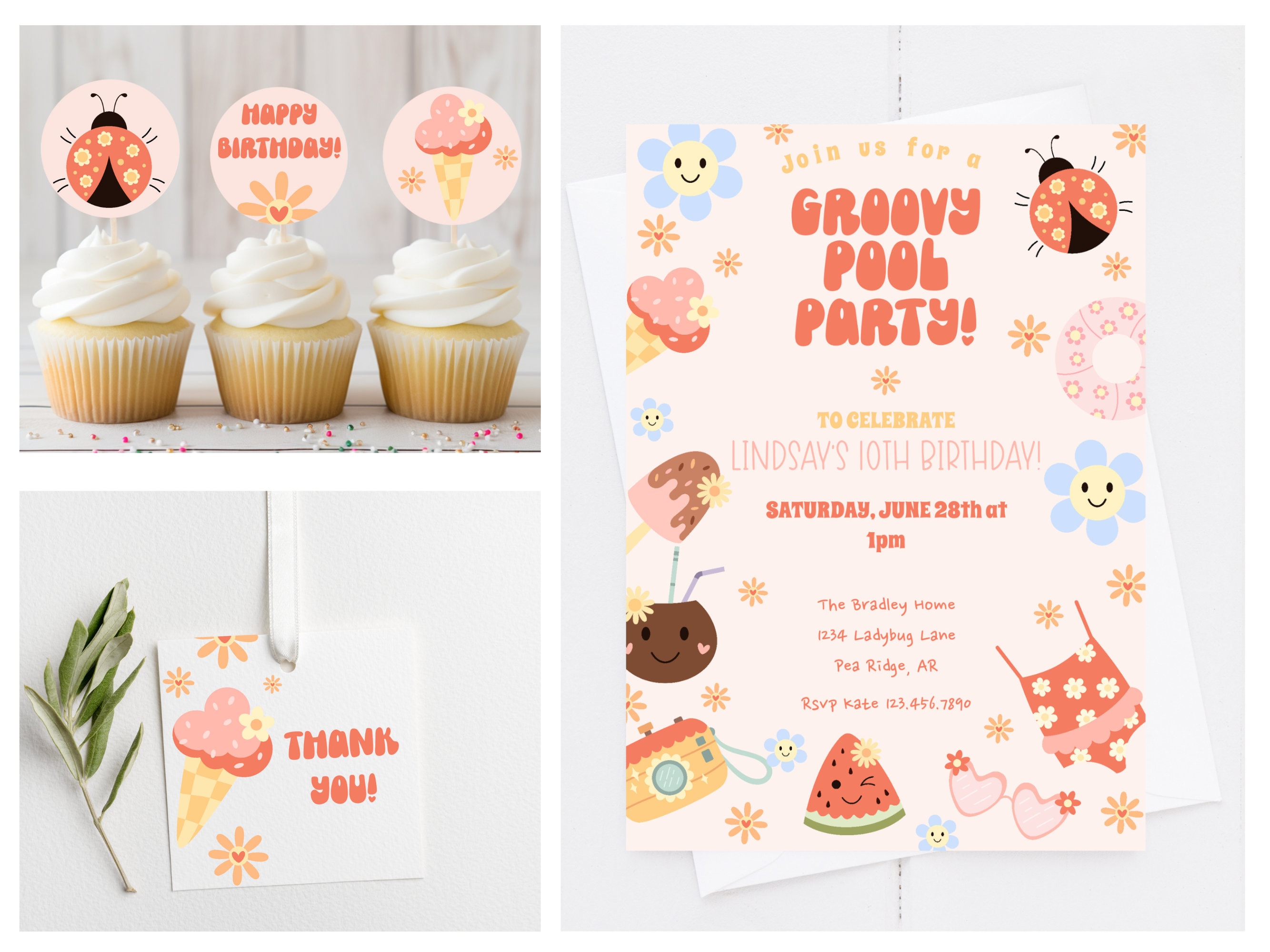 Groovy Pool Party Birthday Invitation, Printable Groovy Cupcake Toppers ...