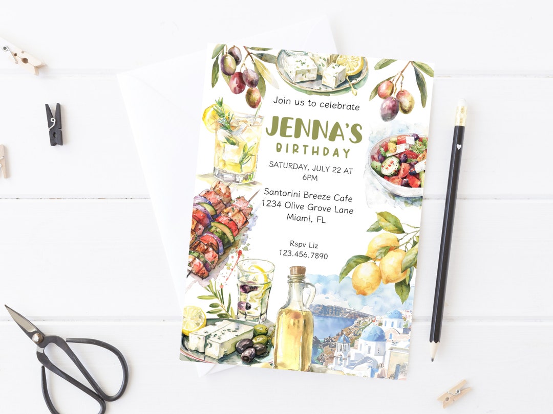 Greece Theme Dinner Party Invitation, Editable Greek Dinner Birthday ...