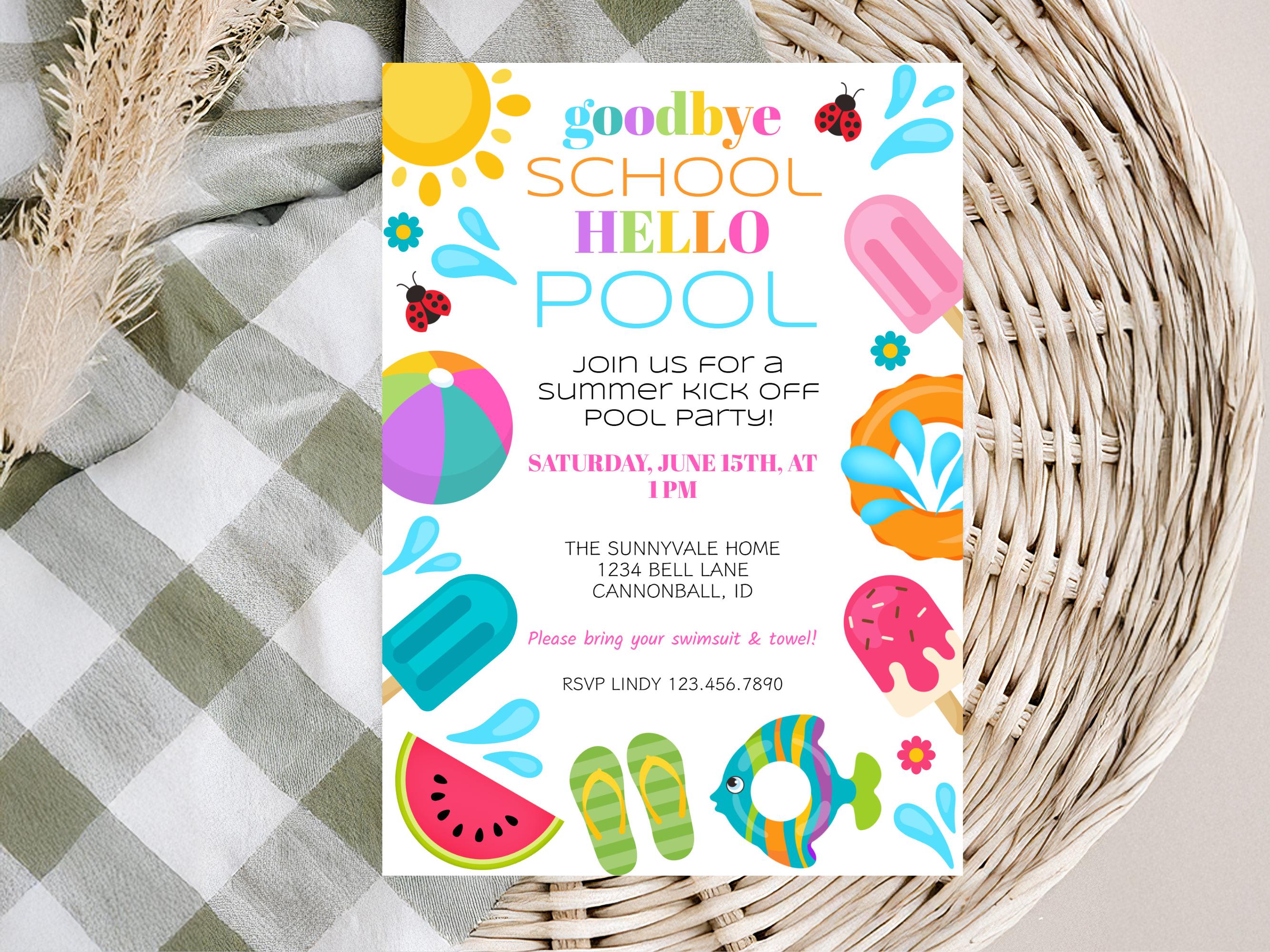 Goodbye School Hello Pool Party Invitation: Summer Kids Swim Party ...