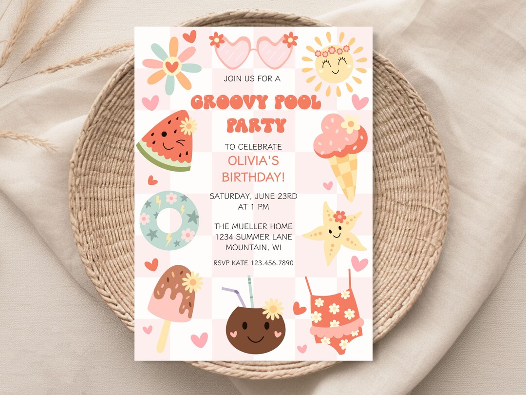 Groovy Pool Party Birthday Invite: Editable Summer Swim Party (digital ...
