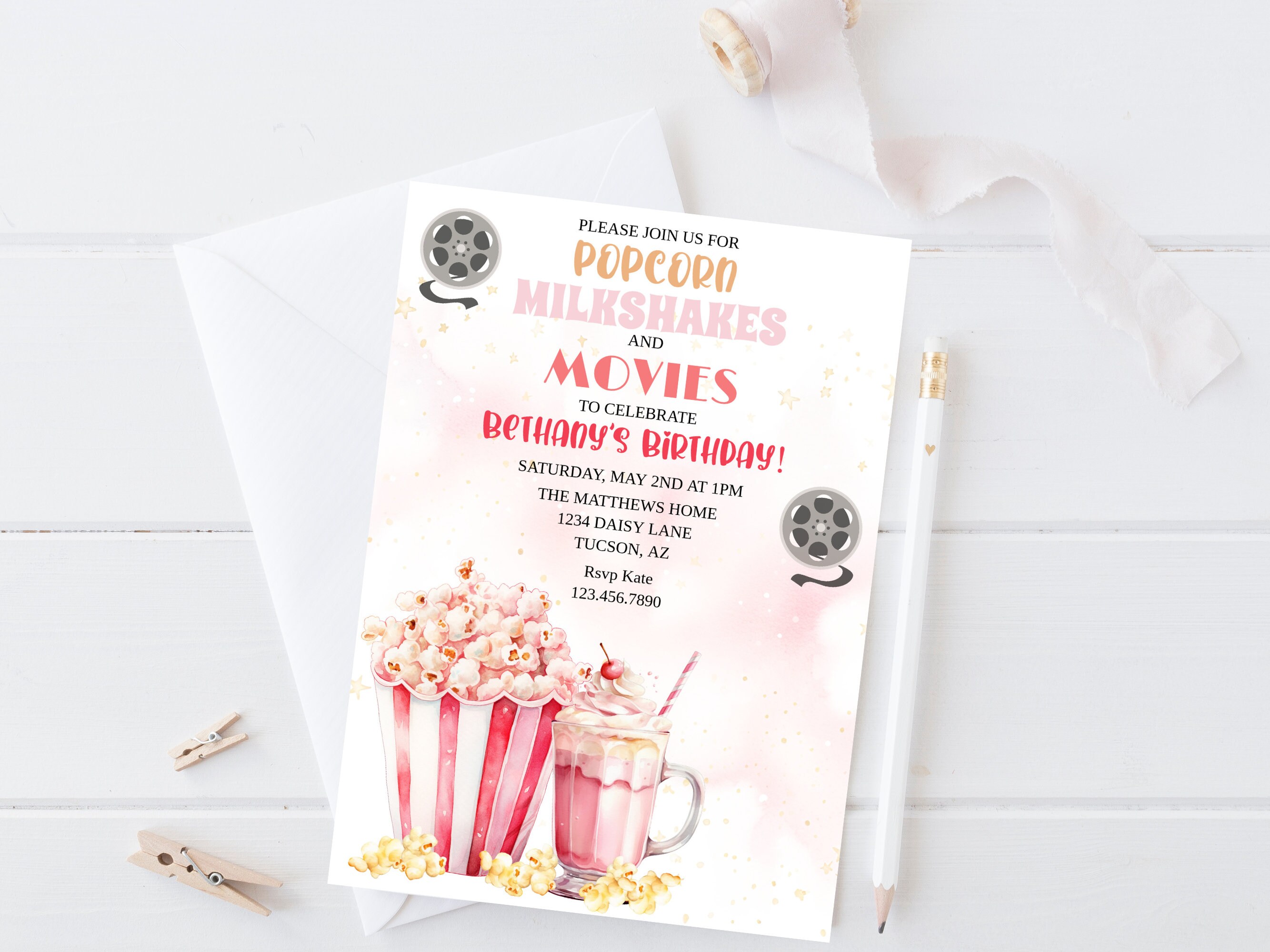 Popcorn and Movie Birthday Invitation, Movie Sleepover Birthday Invite ...