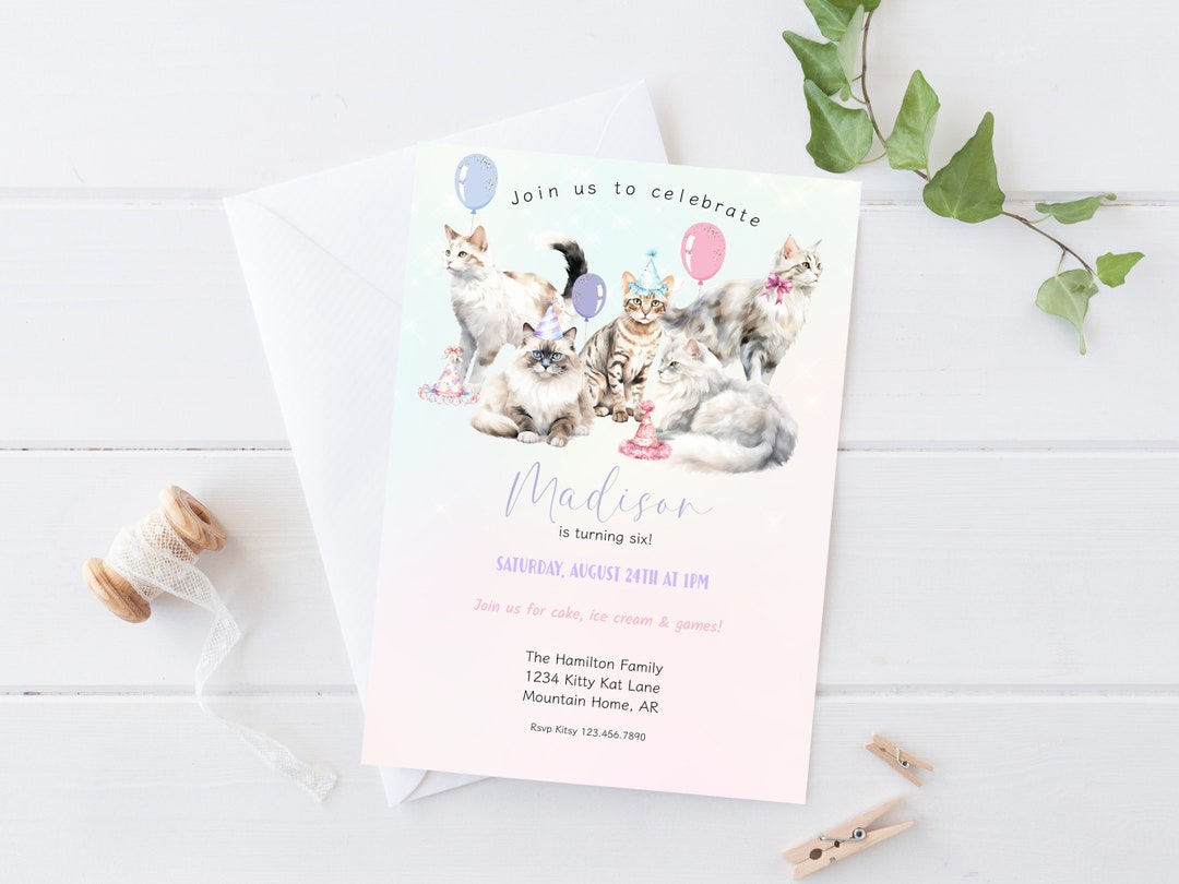 Cats Birthday Party Invitation, Printable Party Cats Birthday ...