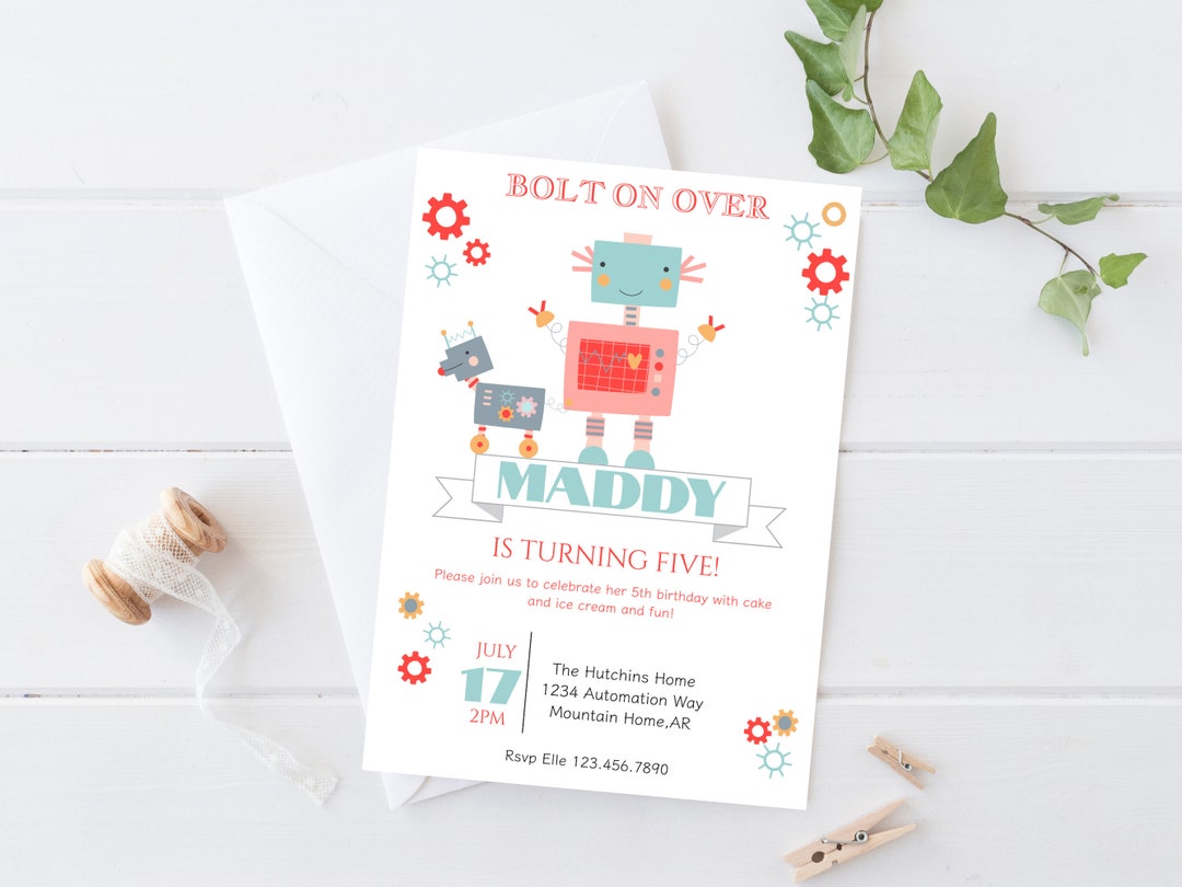 Cute Robot Birthday Party Invitation, Girl Robot Theme Birthday ...