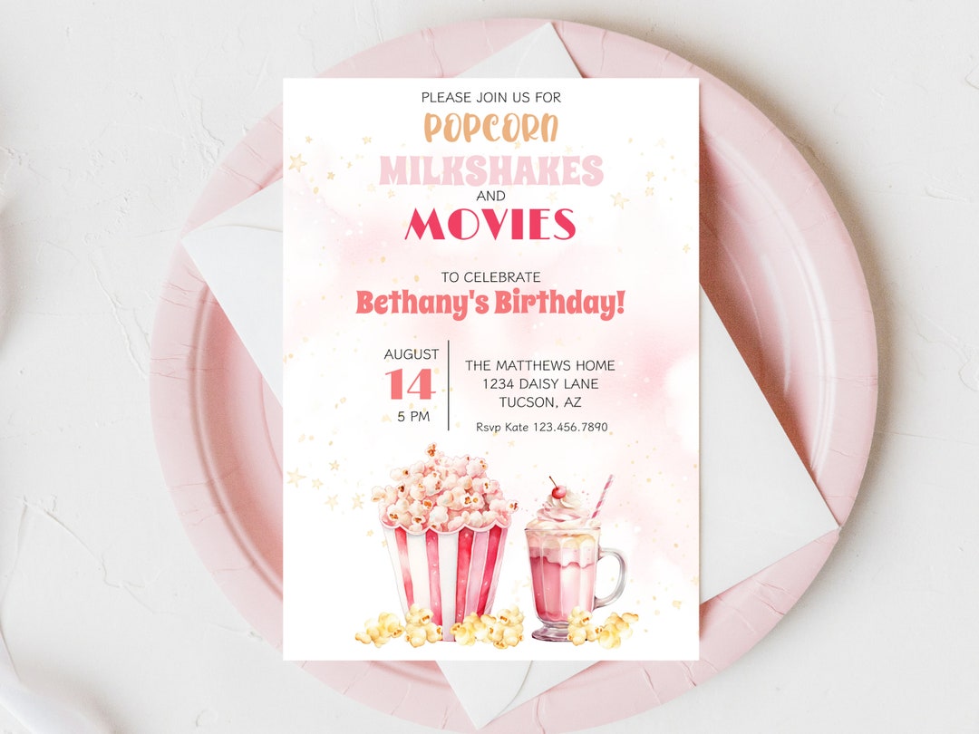 Popcorn and Movie Birthday Invitation, Milkshake & Movie Birthday ...