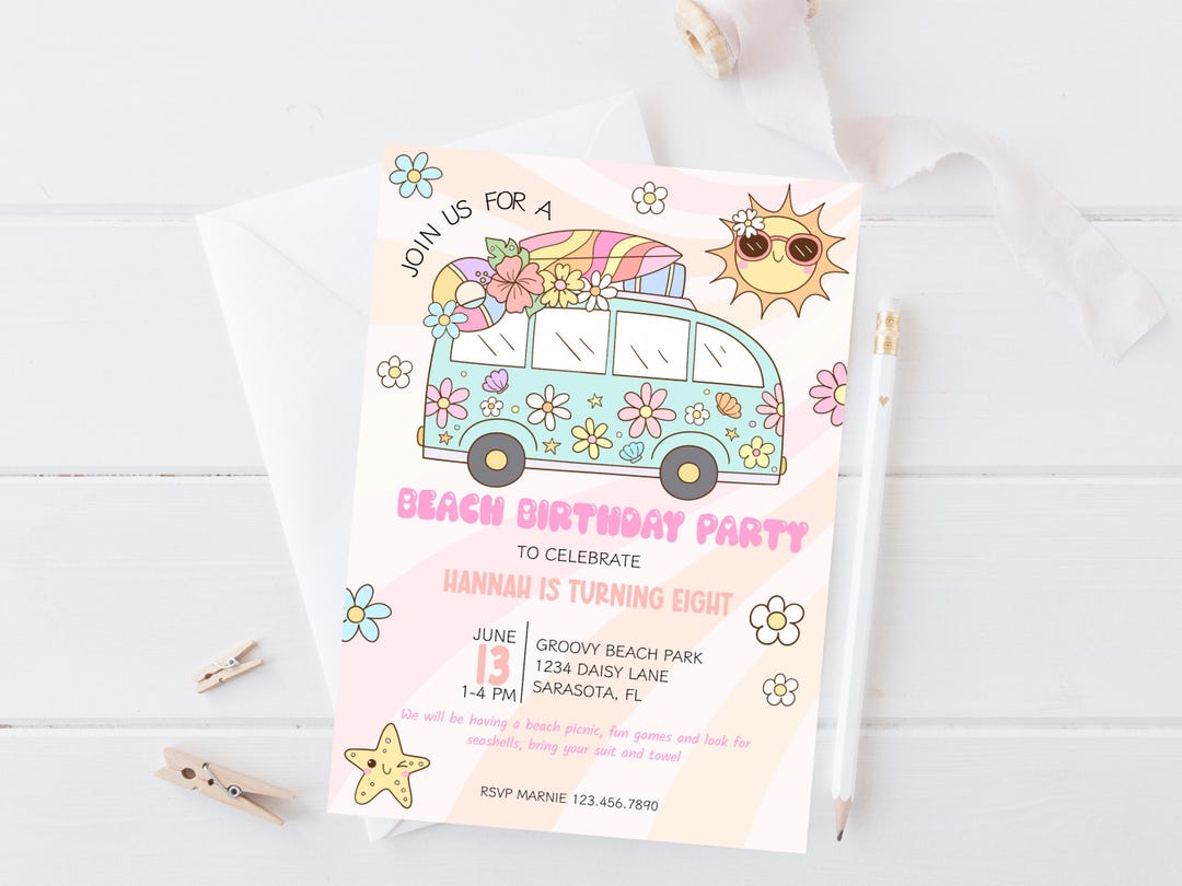 Groovy Beach Birthday Party Invitation: Retro Surf Truck (digital ...