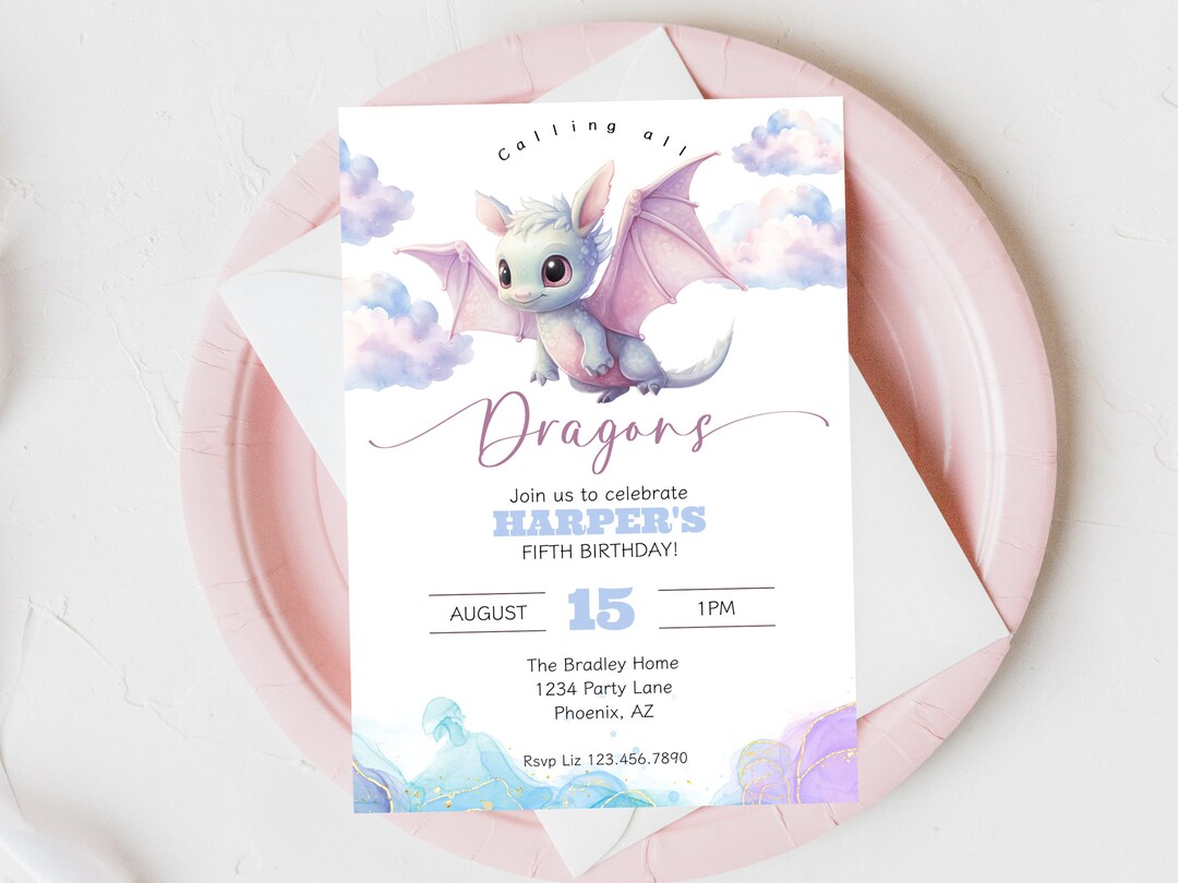Girly Dragon Birthday Party Invitation, Printable Pink Dragon Themed ...