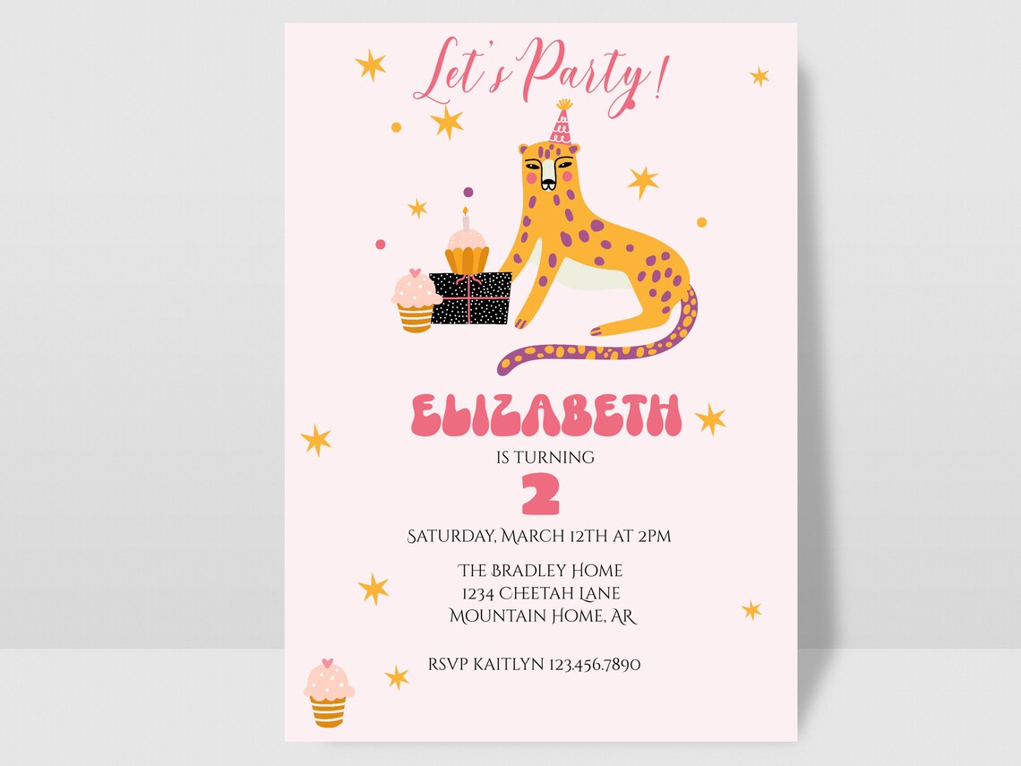 Cute Cheetah Birthday Party Invitation, Editable Wild Cheetah Birthday ...