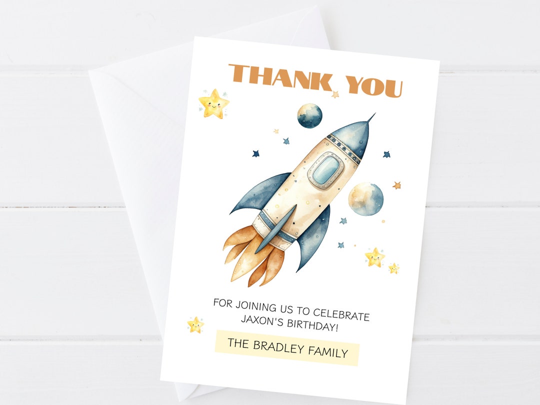 Space Rocket Birthday Thank You Card, Editable Blast off Note Card ...