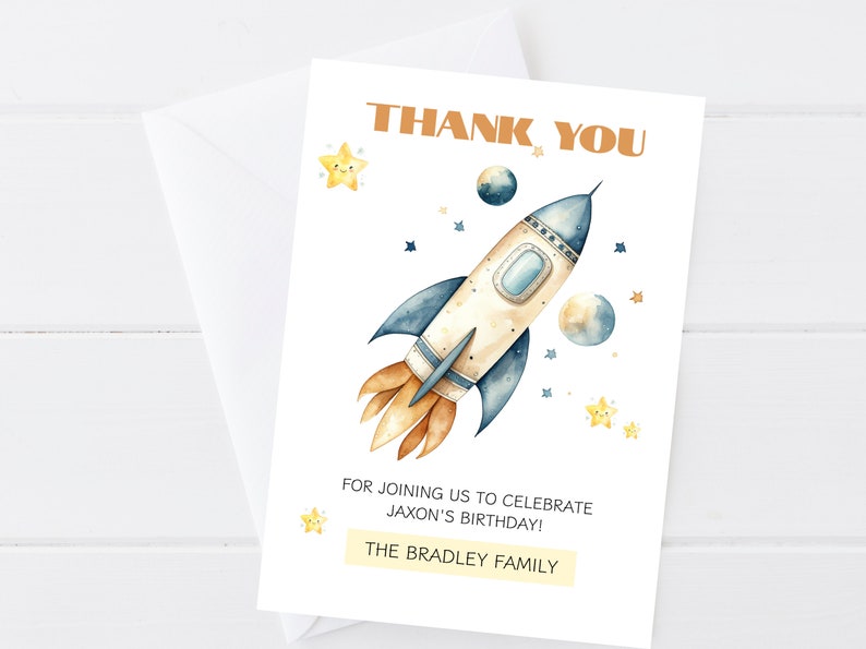 Space Rocket Birthday Thank You Card, Editable Blast off Note Card ...
