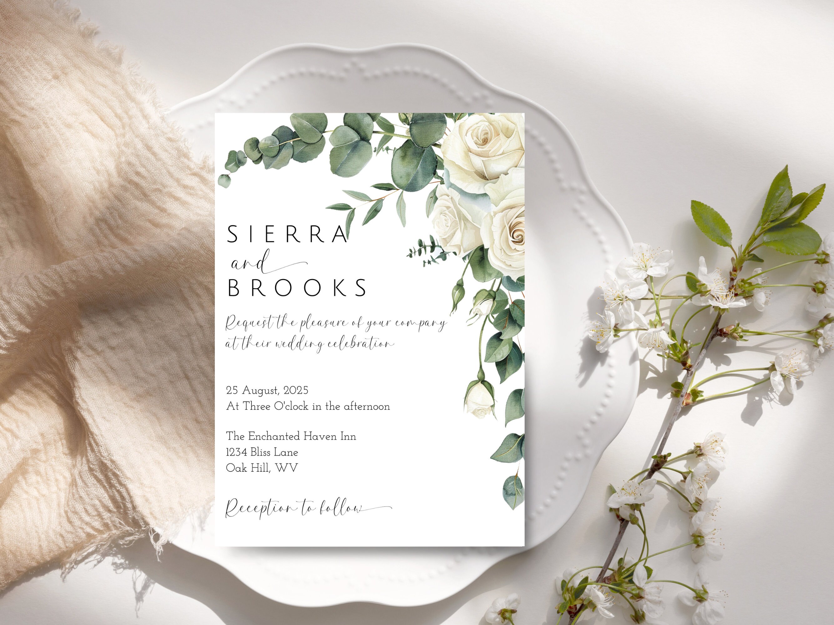 White Roses Wedding Invitation, Elegant Roses Wedding Suite, White Rose ...