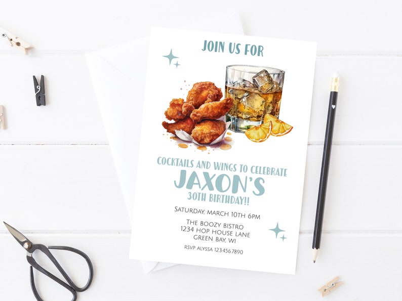 Whiskey & Wings Birthday Invitation, Printable Cocktail Birthday Party ...