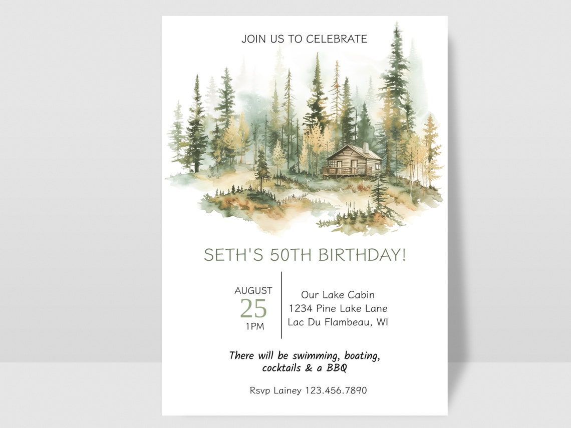 Rustic Cabin Birthday Party, Adult Birthday Party Invite, Cabin Weekend ...