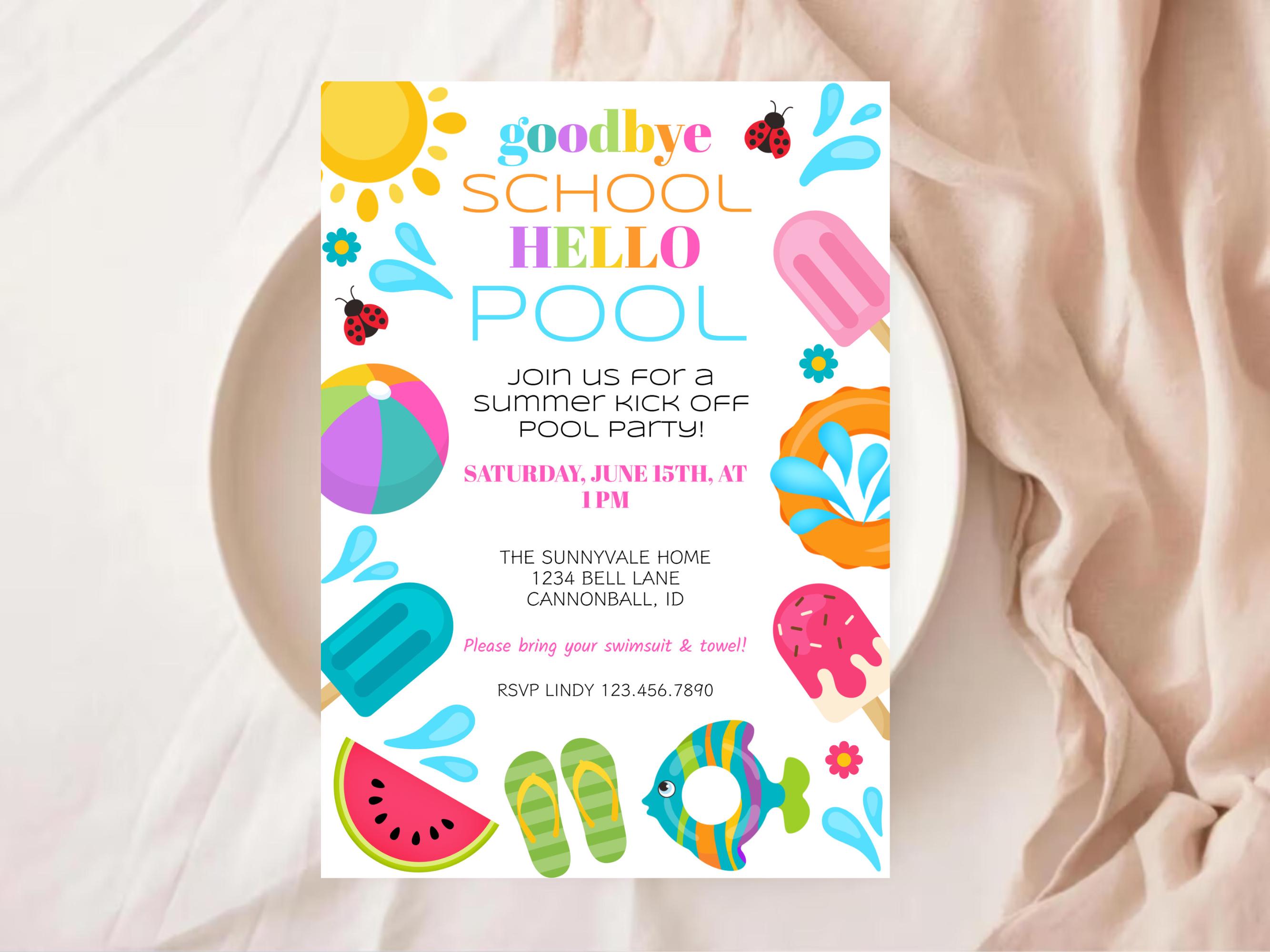 Goodbye School Hello Pool Party Invitation: Summer Kids Swim Party ...