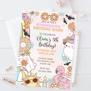 Summerween Birthday Invitation, Spooky Cute Kids Pool Party Invite ...