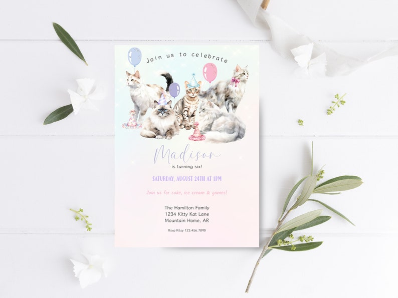 Cats Birthday Party Invitation, Printable Party Cats Birthday ...