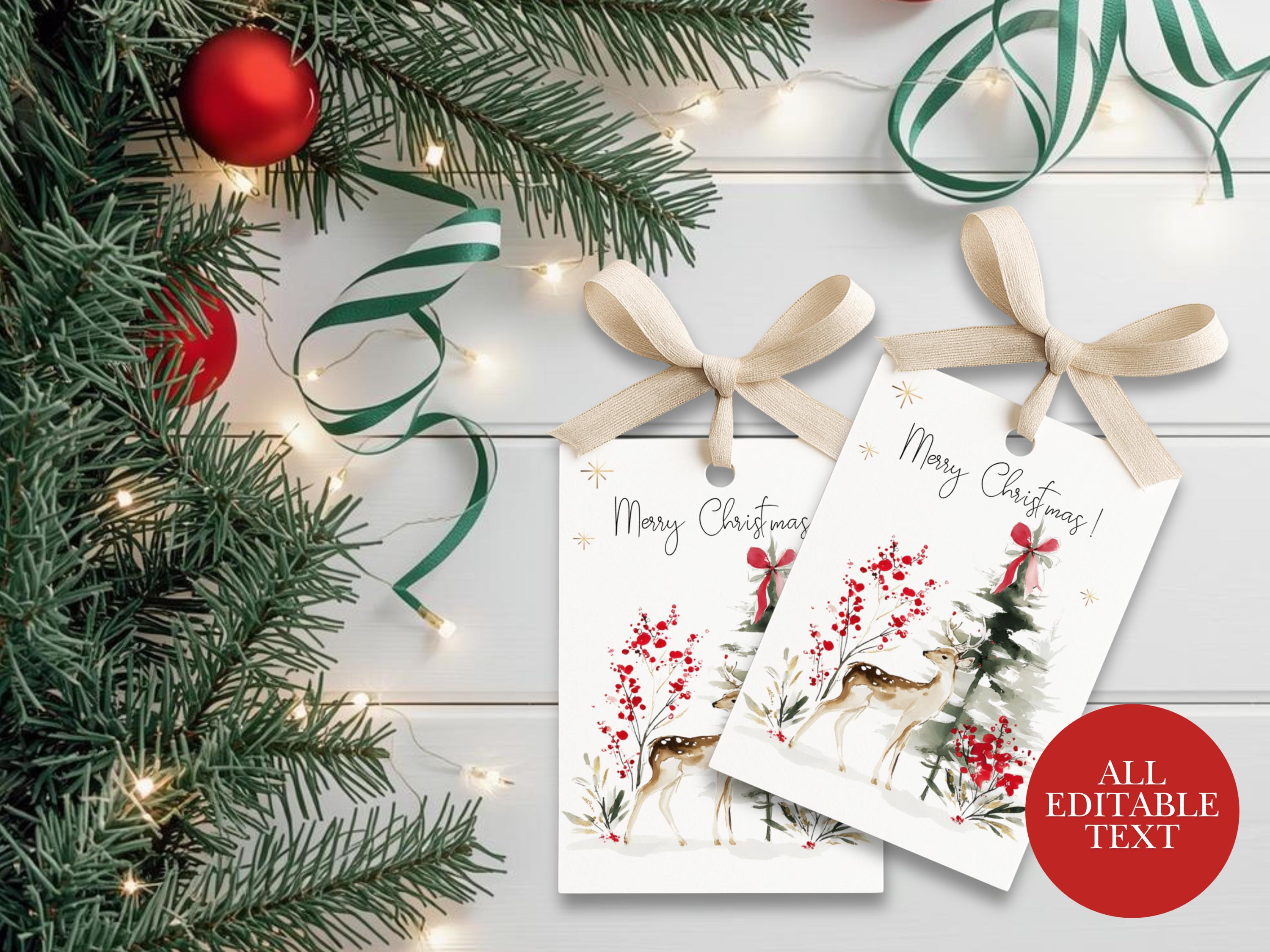 Christmas Deer Gift Tag, Holiday Favor Tag, Woodland Watercolor Tag ...