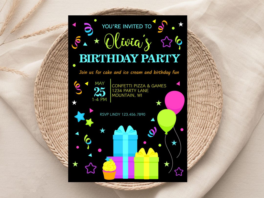 Neon Birthday Party Invite, Glow Party Invite, Girl Boy Neon Party ...