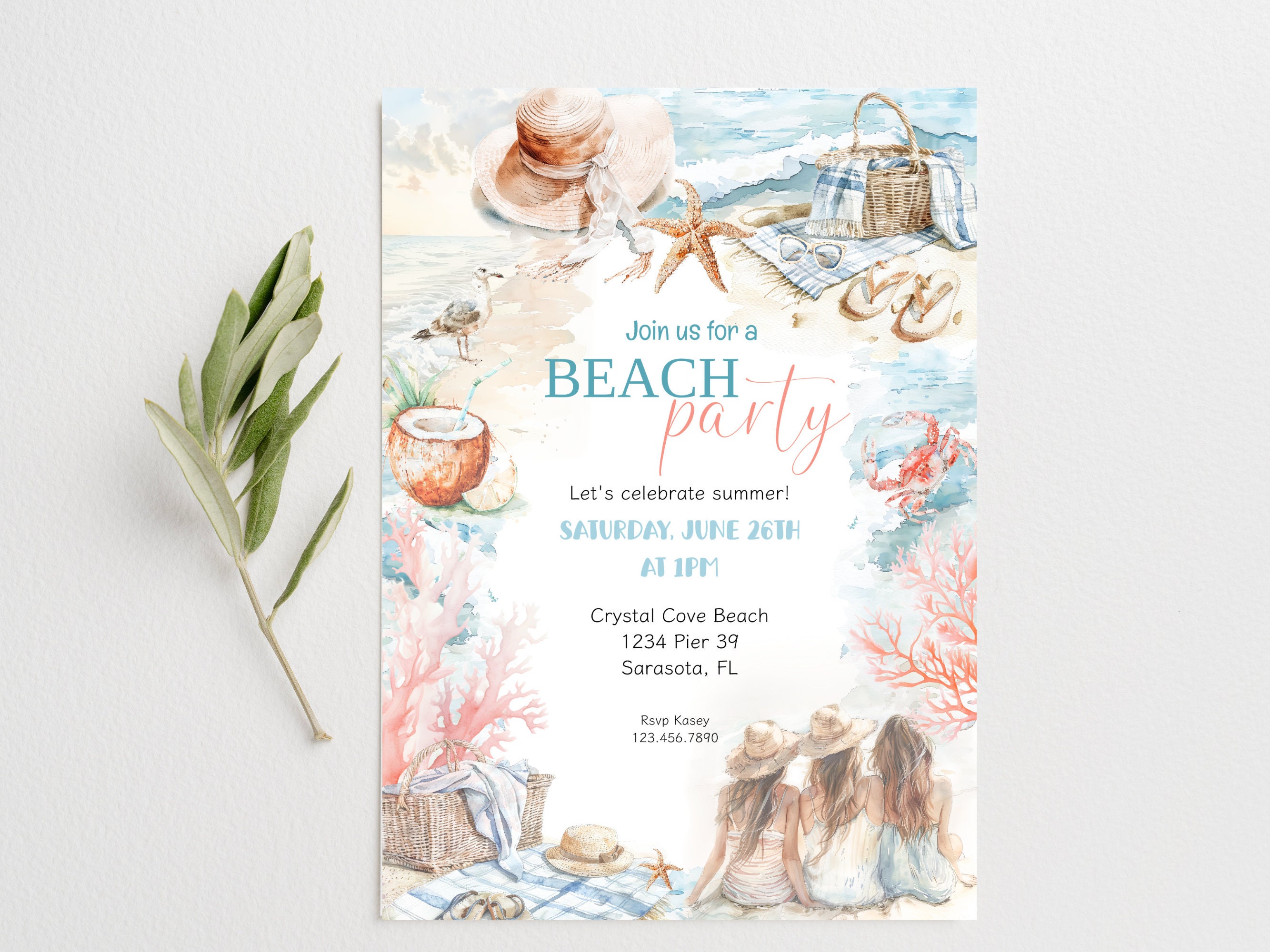 Beach Party Invitation, Printable Beach Picnic Invitation, Editable ...