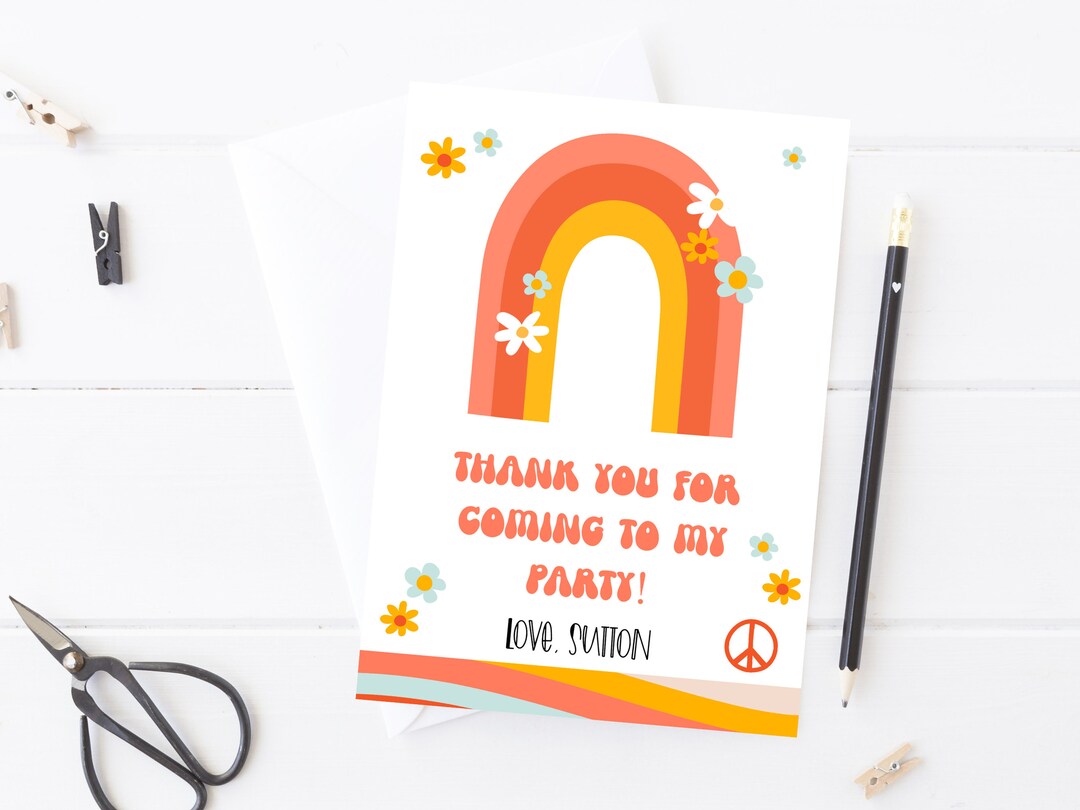 Retro Groovy Birthday Thank You Card, Groovy Rainbow Printable Thank ...