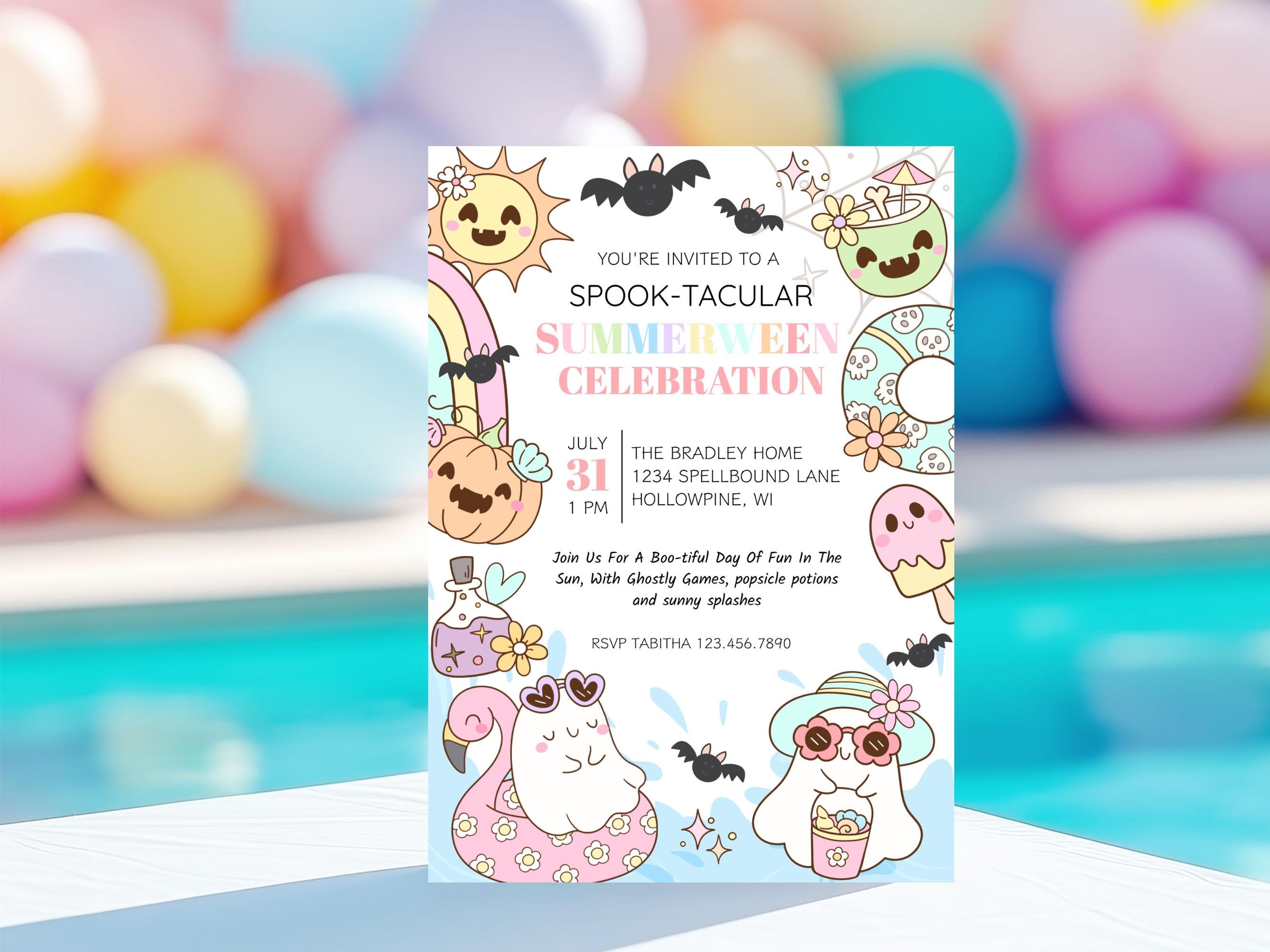 Spooky Summerween Party Invite, Pastel Ghost Theme, Kids Pool Splash ...